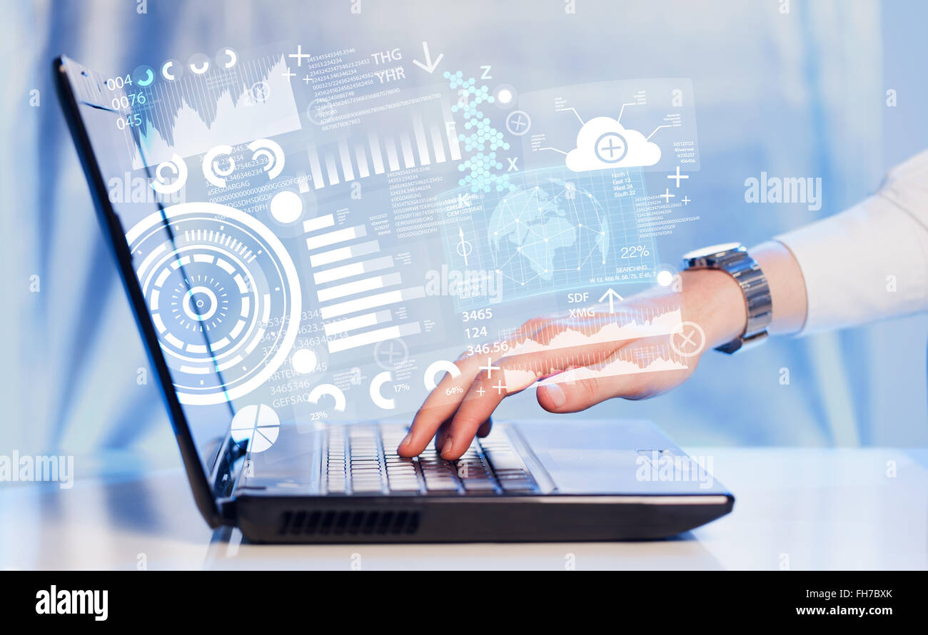 Modern notebook computer with future technology symbols Stock Photo - Alamy