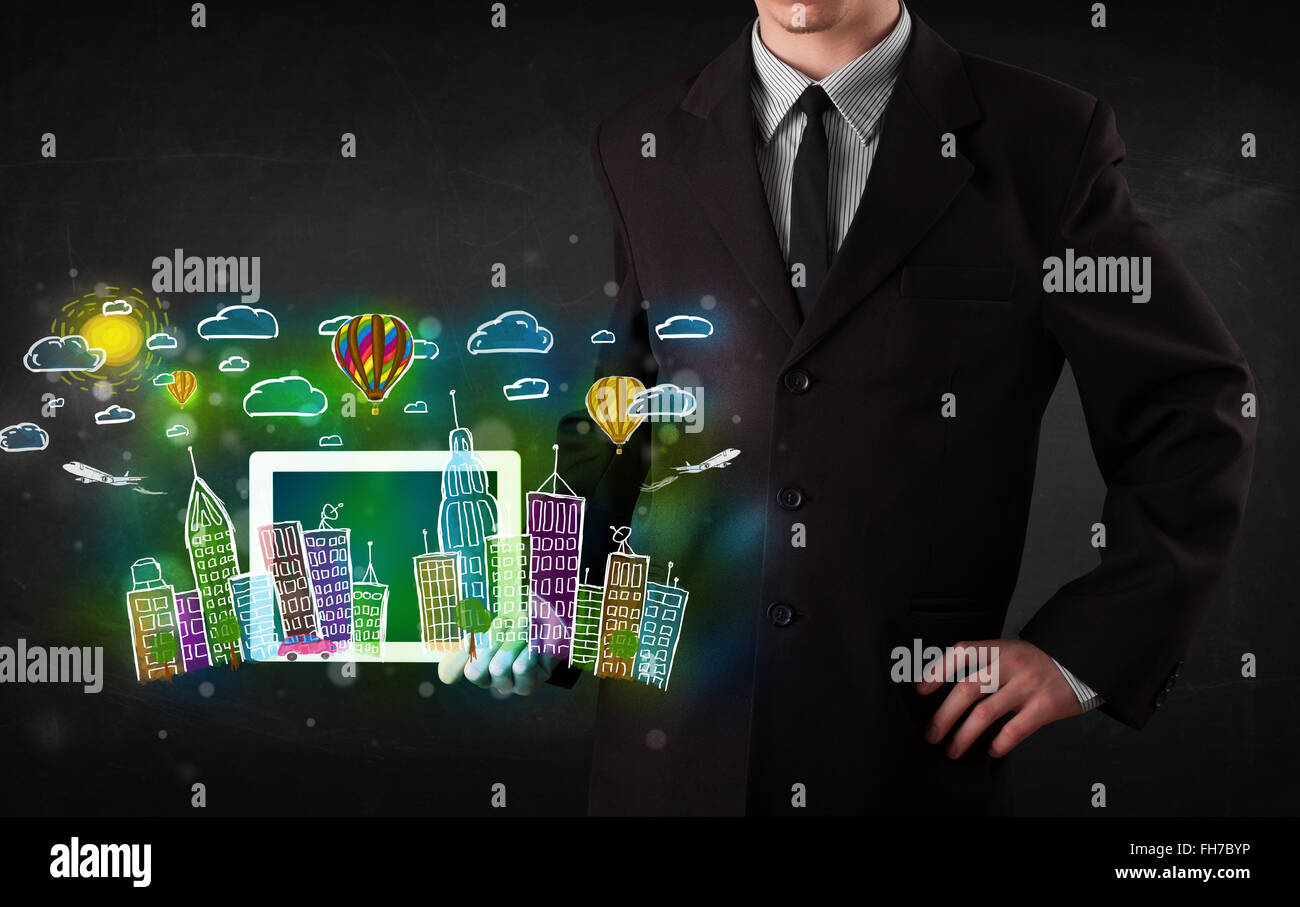 Young person showing tablet with hand drawn cityscape Stock Photo - Alamy