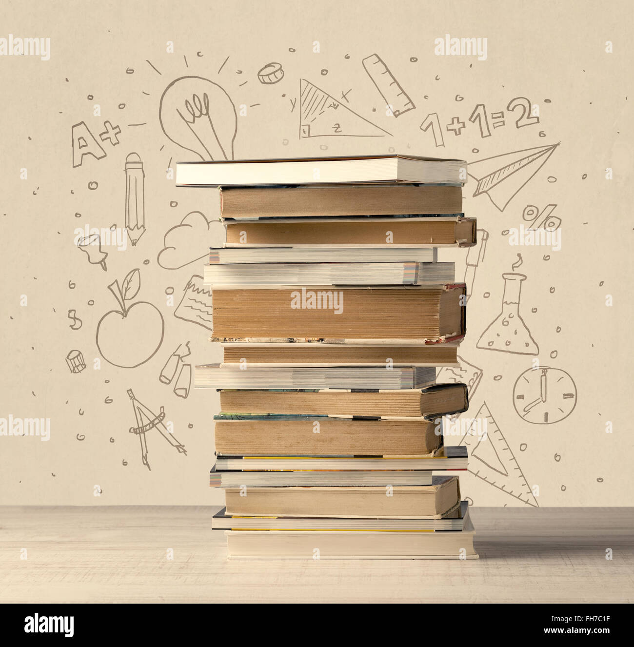 A pile of books on table with school hand drawn doodle sketches Stock ...