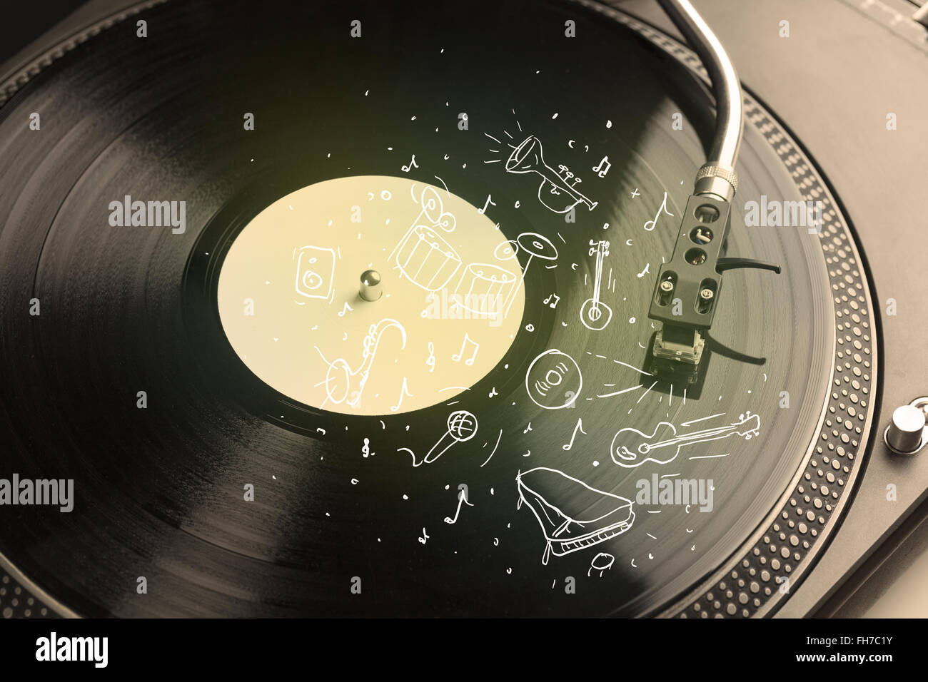 Turntable playing classical music with icon drawn instruments Stock ...