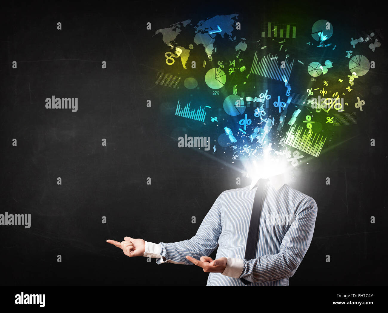 Business man in suit with graph and charts exploding from his body ...