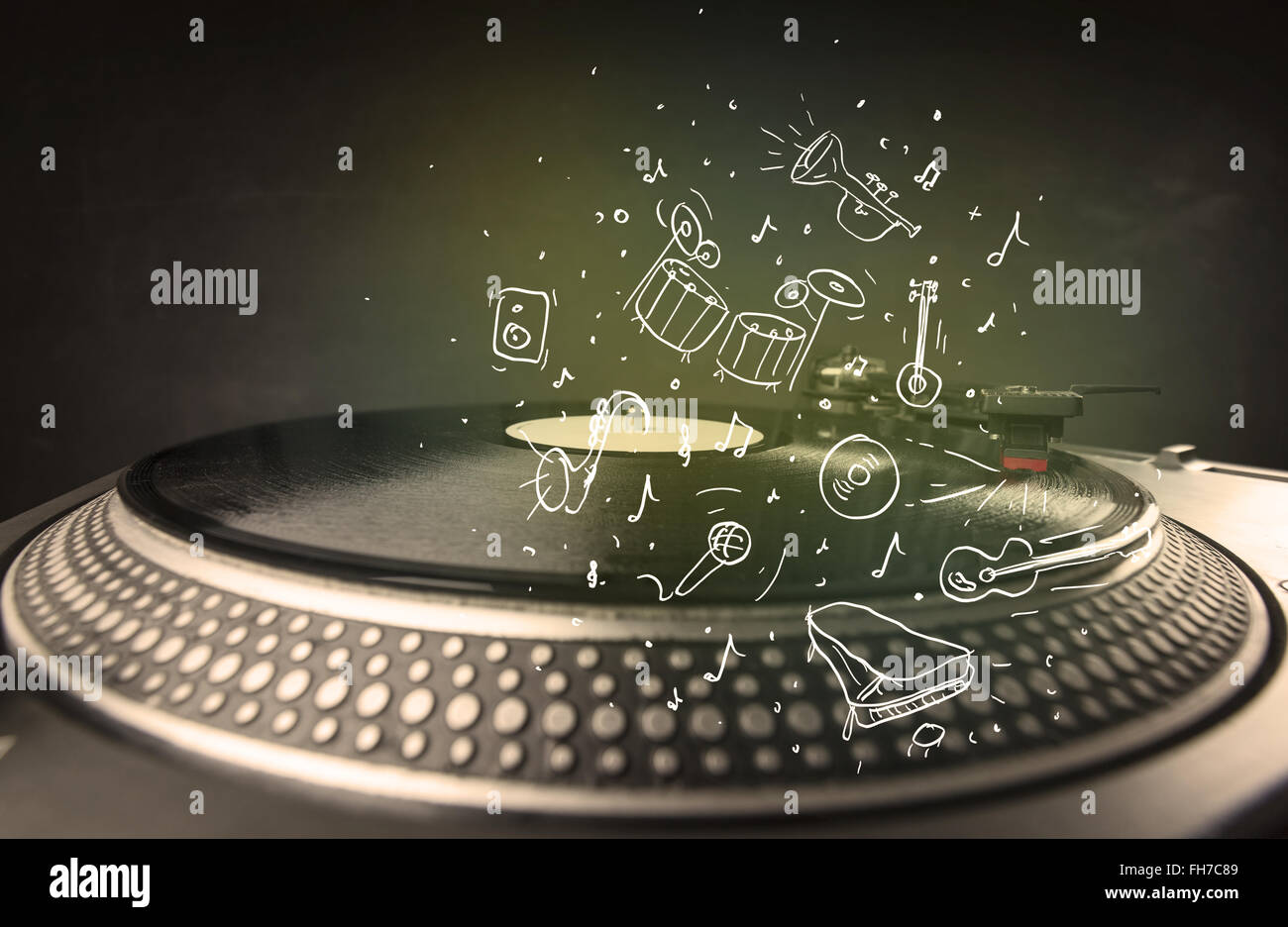 Turntable playing classical music with icon drawn instruments Stock ...