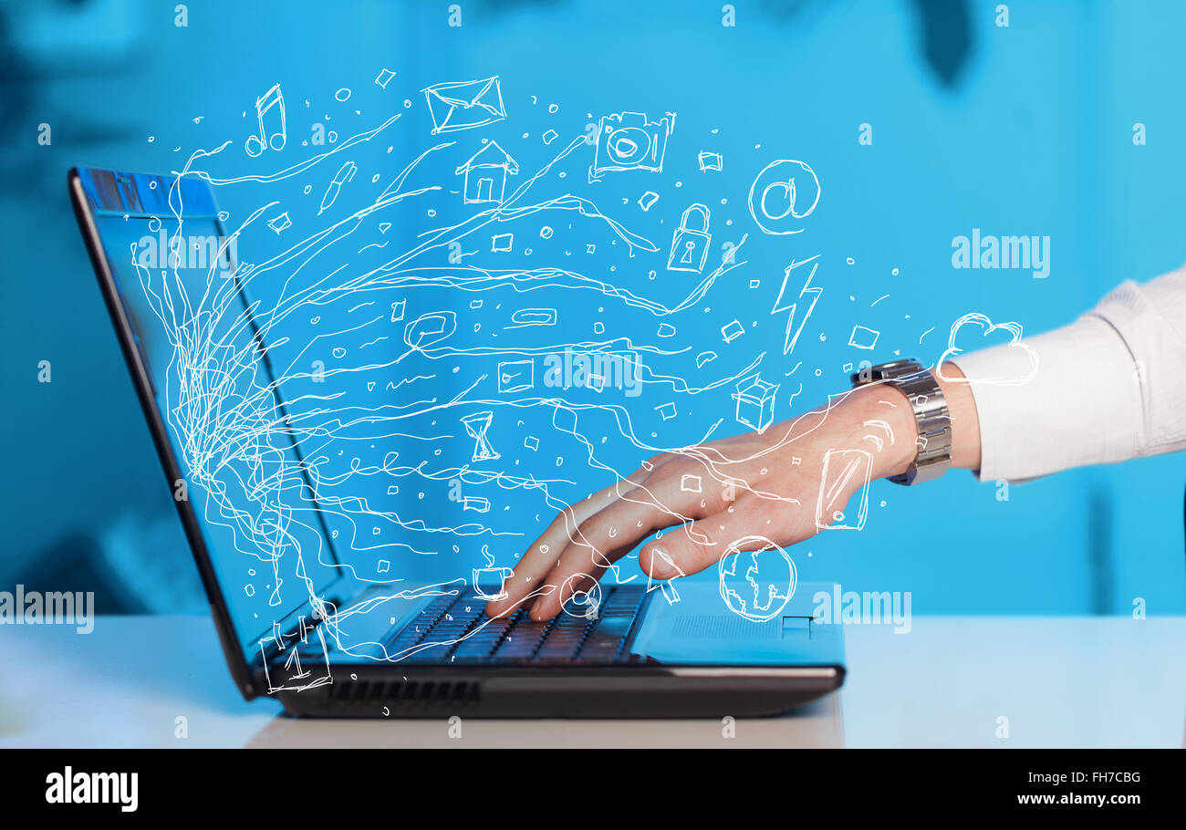 Man pressing notebook laptop computer with doodle icon cloud symbols ...