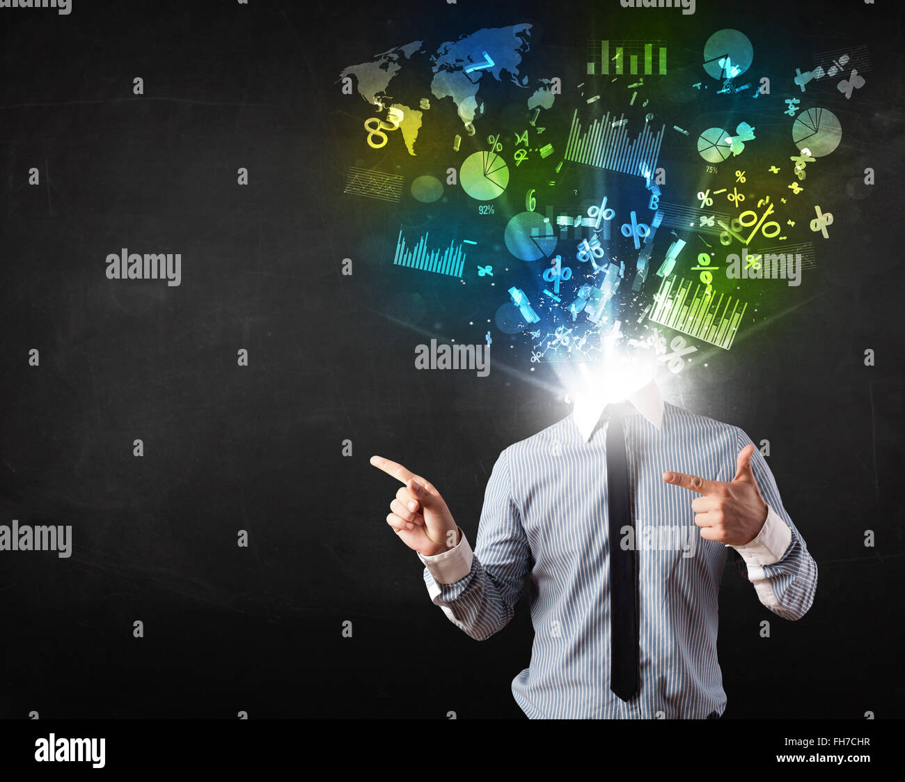 Business man in suit with graph and charts exploding from his body ...