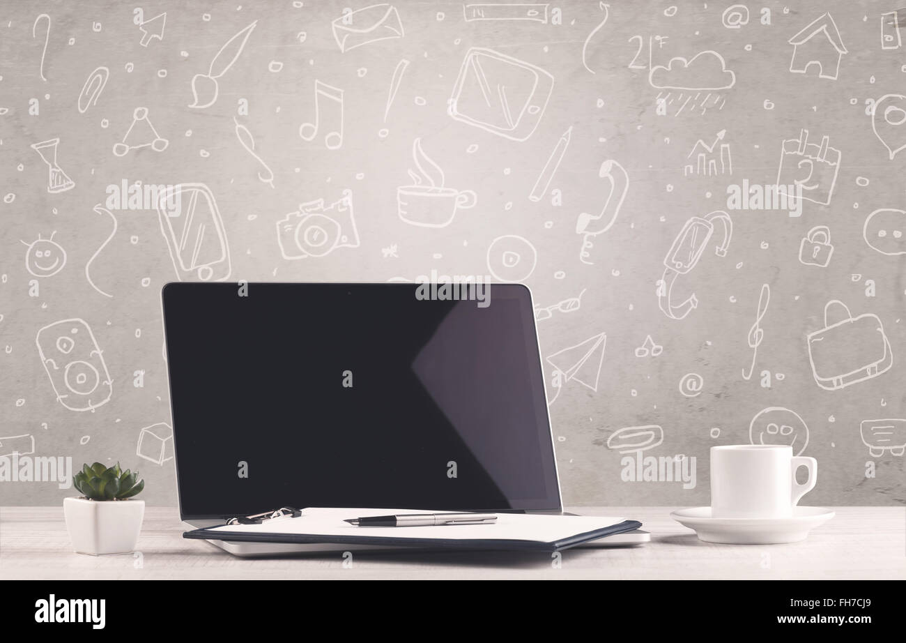 Design office desk with drawings background Stock Photo - Alamy