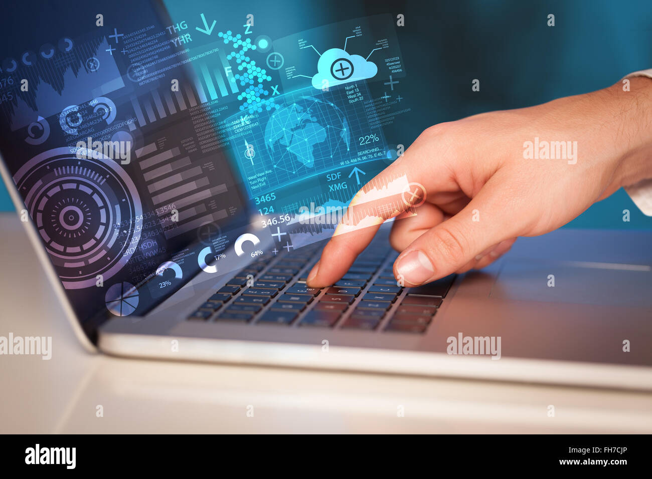 Modern notebook computer with future technology symbols Stock Photo - Alamy