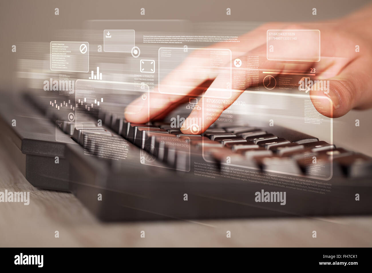 Hand touching keyboard with high tech buttons Stock Photo - Alamy