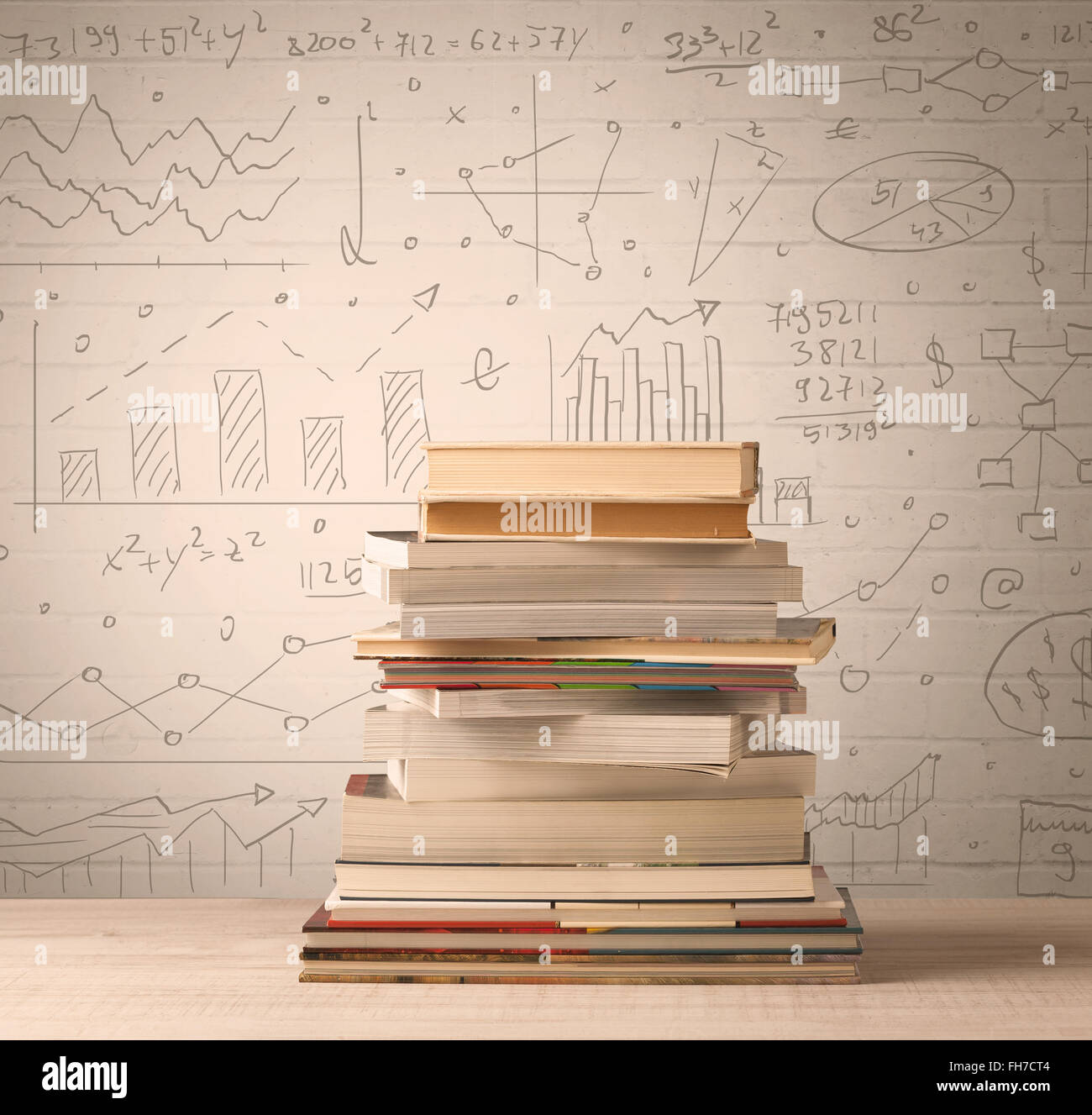 A pile of books with math formulas written in doodle style Stock Photo ...