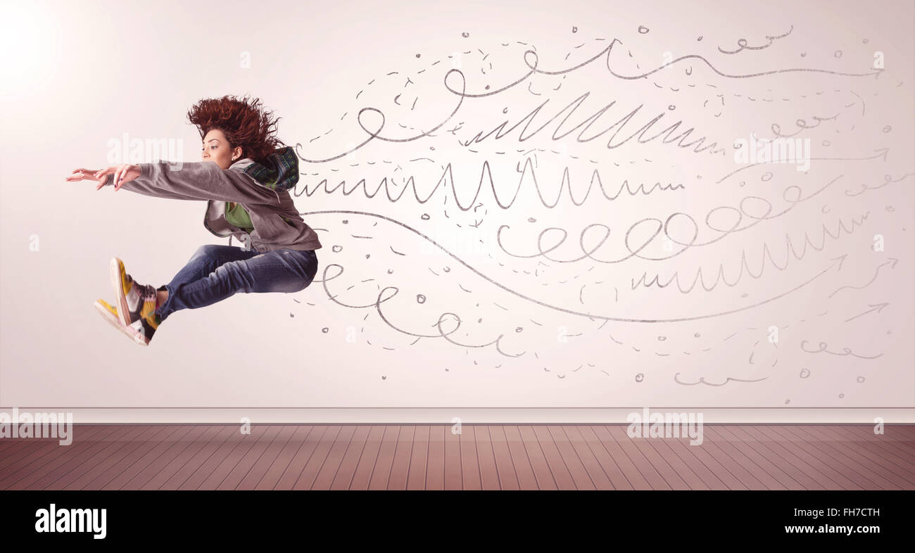 Pretty woman jumping with hand drawn lines and arrows come out Stock ...