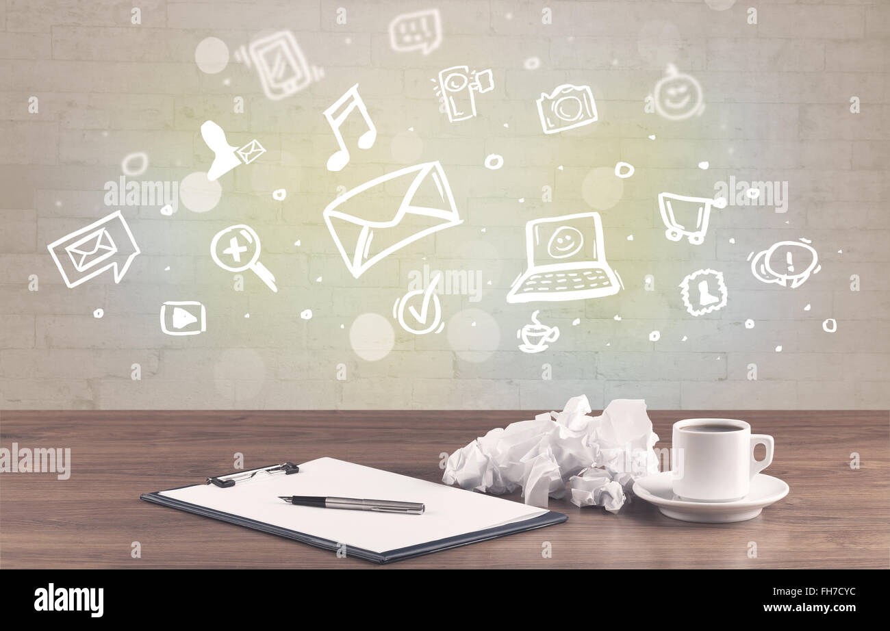 Office desk with communication icons Stock Photo - Alamy