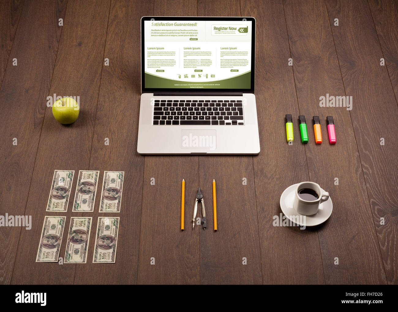 Business table with notebook computer and office accessories Stock ...