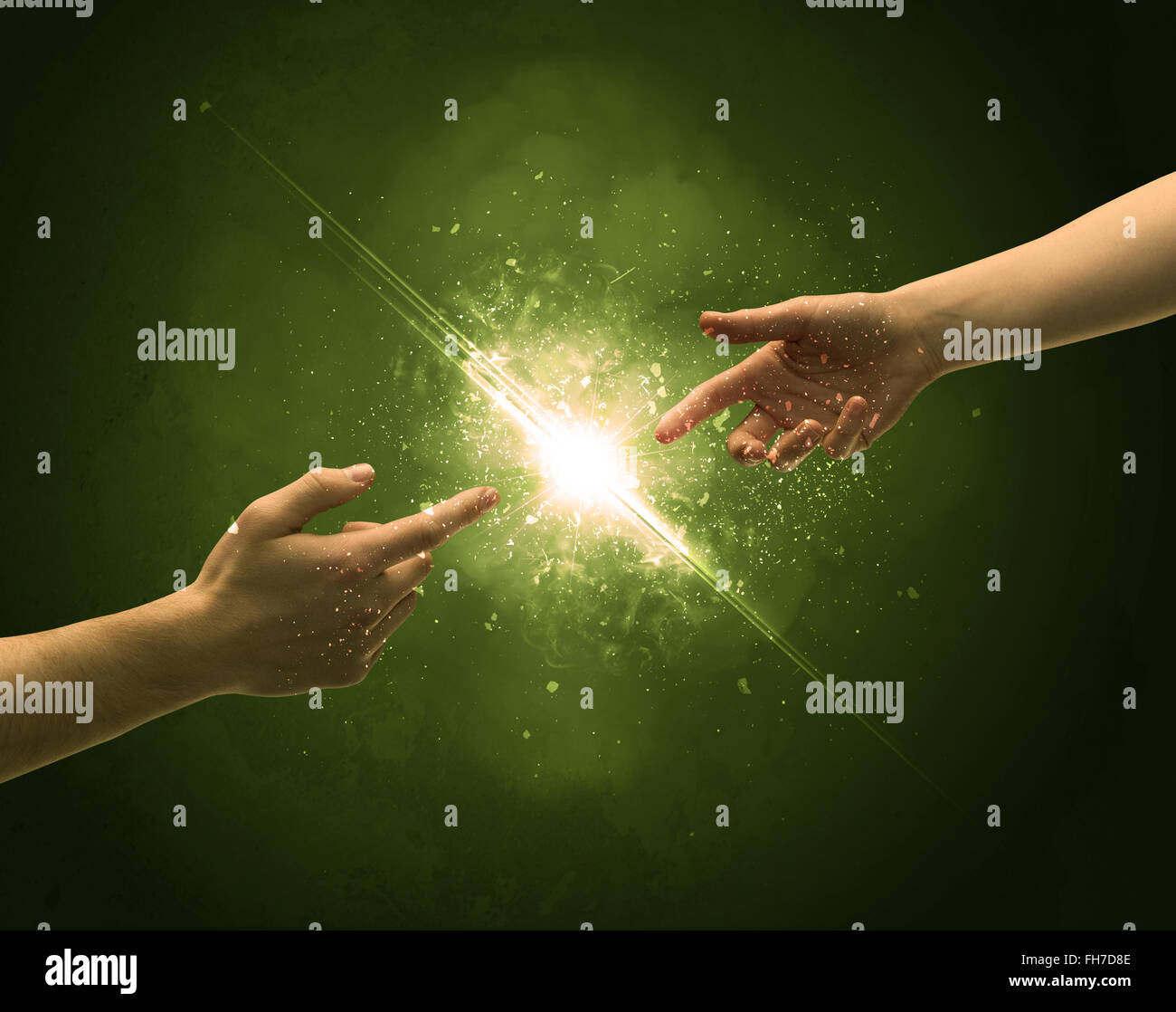 Touching arms lighting spark at fingertip Stock Photo - Alamy