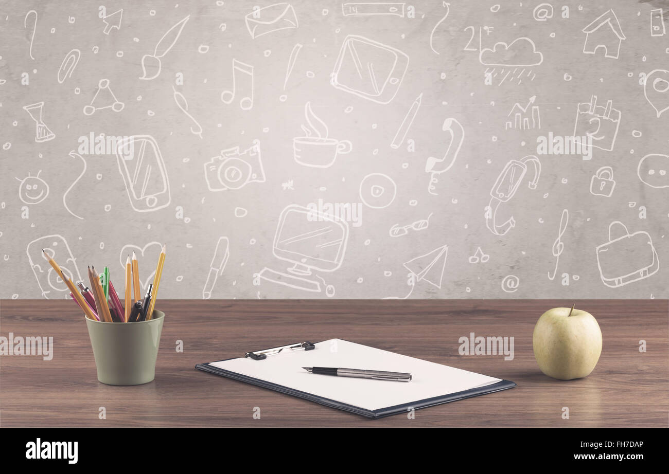 Design office desk with drawings background Stock Photo - Alamy
