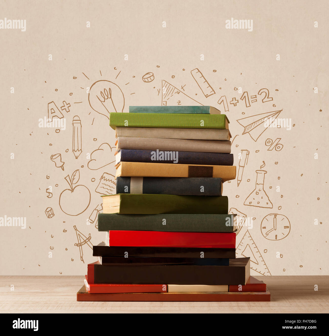 A pile of books on table with school hand drawn doodle sketches Stock ...