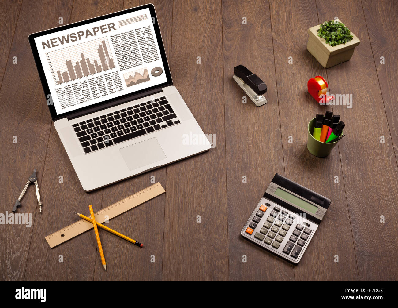 Business laptop with stock market report on wooden desk Stock Photo - Alamy