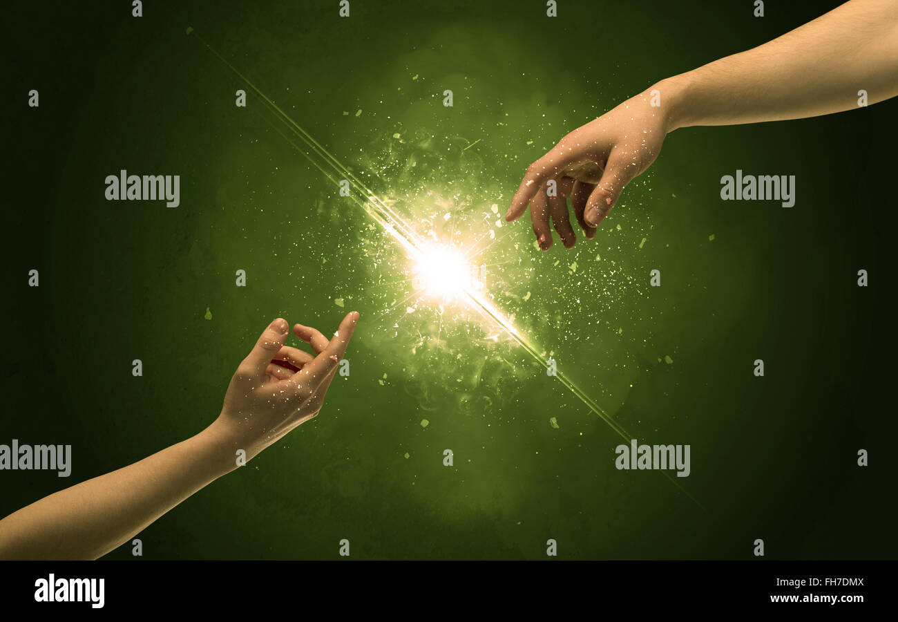 Touching arms lighting spark at fingertip Stock Photo - Alamy