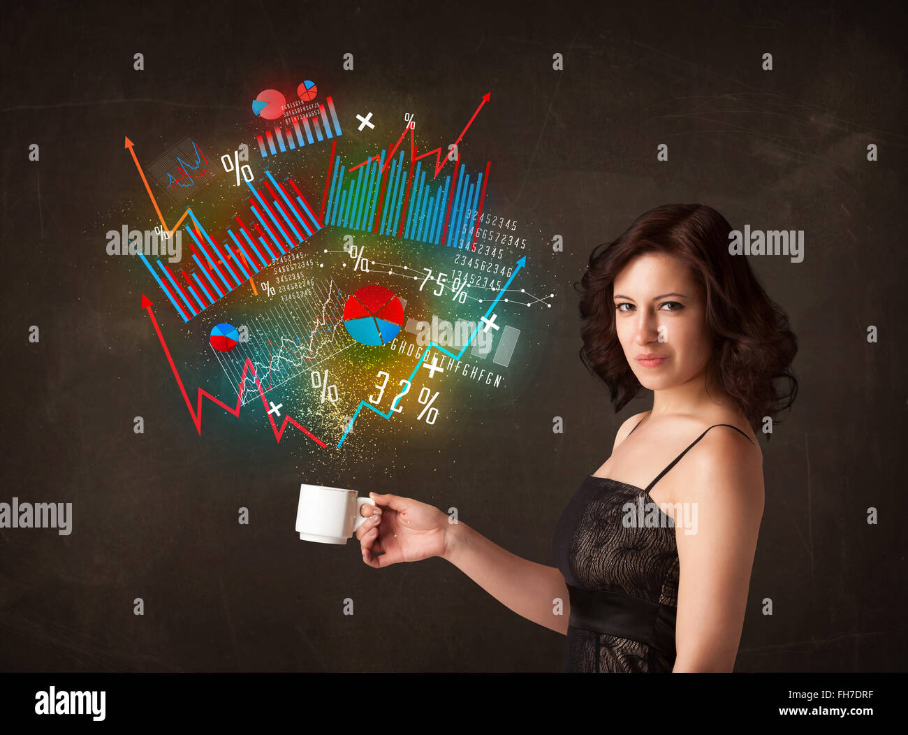 Businesswoman holding a white cup with diagrams and graphs Stock Photo ...