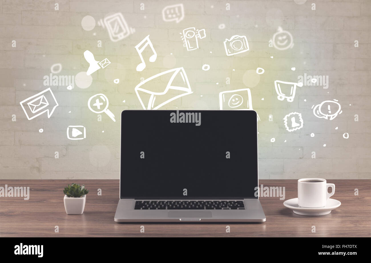 Office desk with communication icons Stock Photo - Alamy