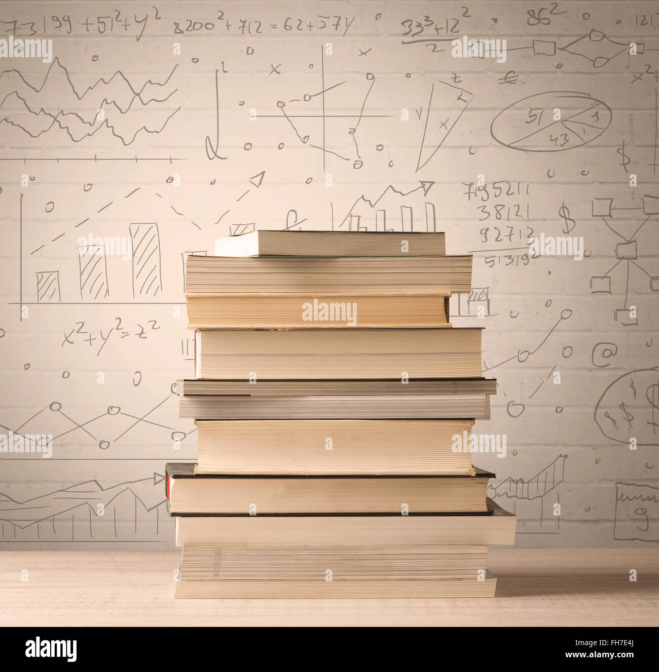 A pile of books with math formulas written in doodle style Stock Photo ...
