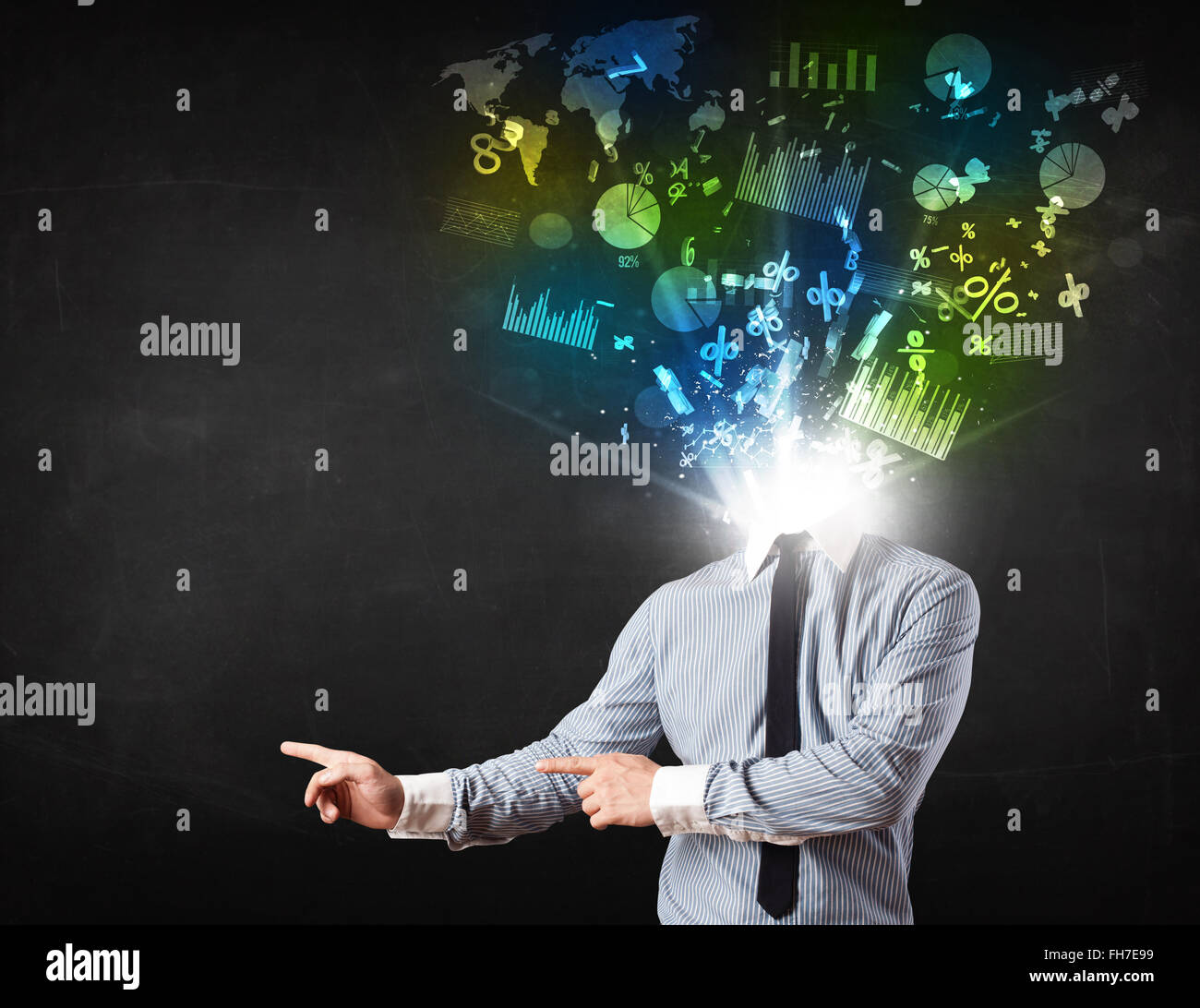 Business man in suit with graph and charts exploding from his body ...