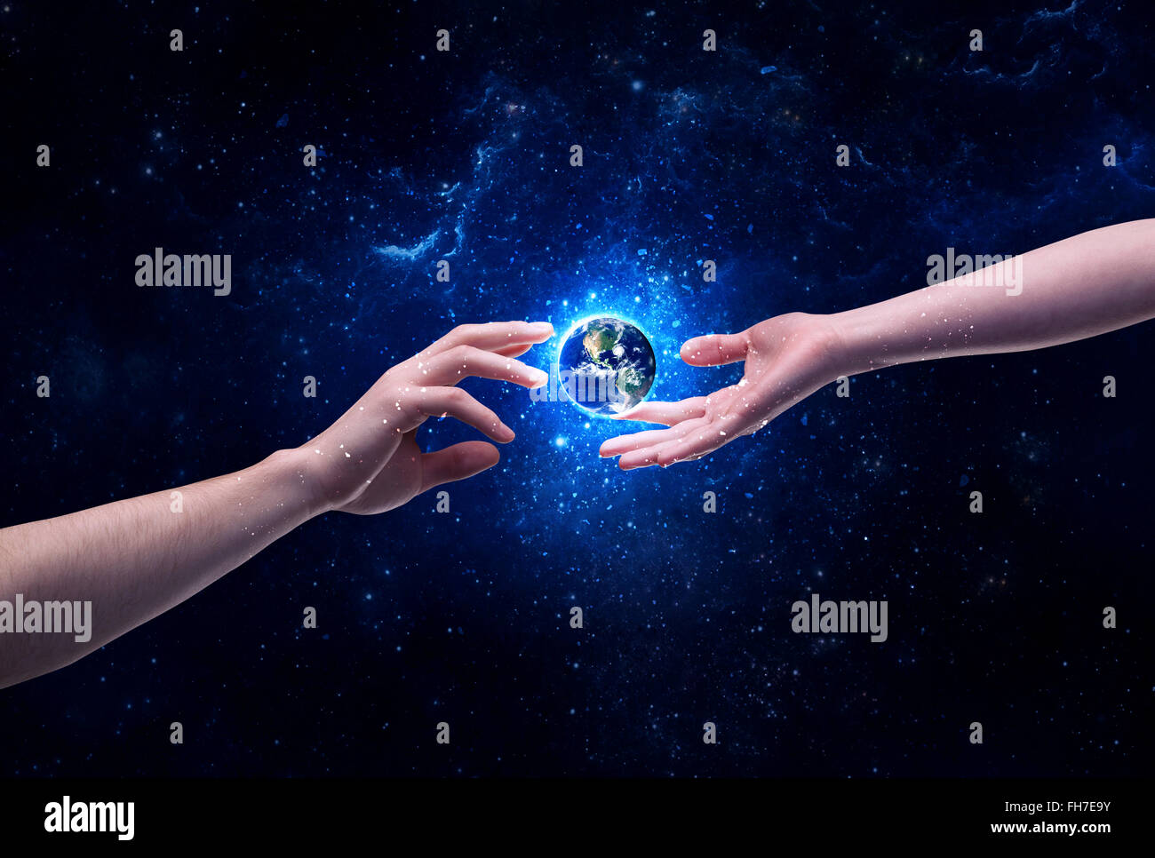 Hands in space touching planet earth Stock Photo - Alamy