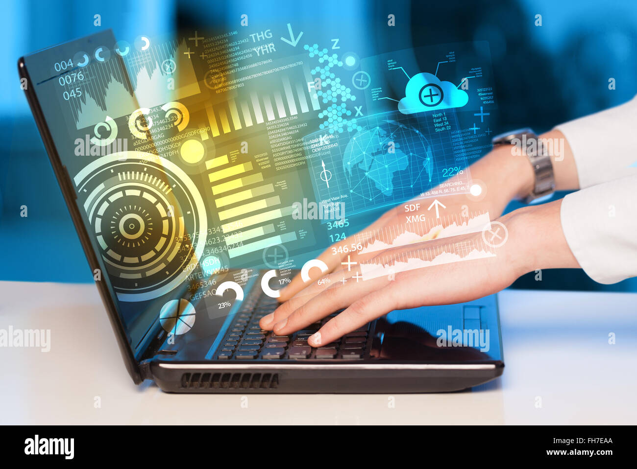 Modern notebook computer with future technology symbols Stock Photo - Alamy