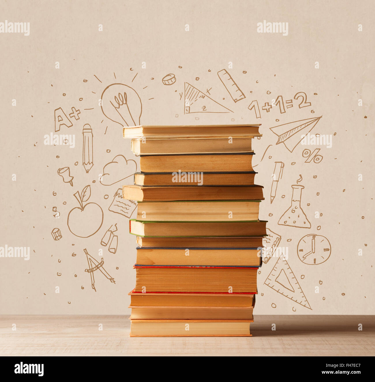 A pile of books on table with school hand drawn doodle sketches Stock ...