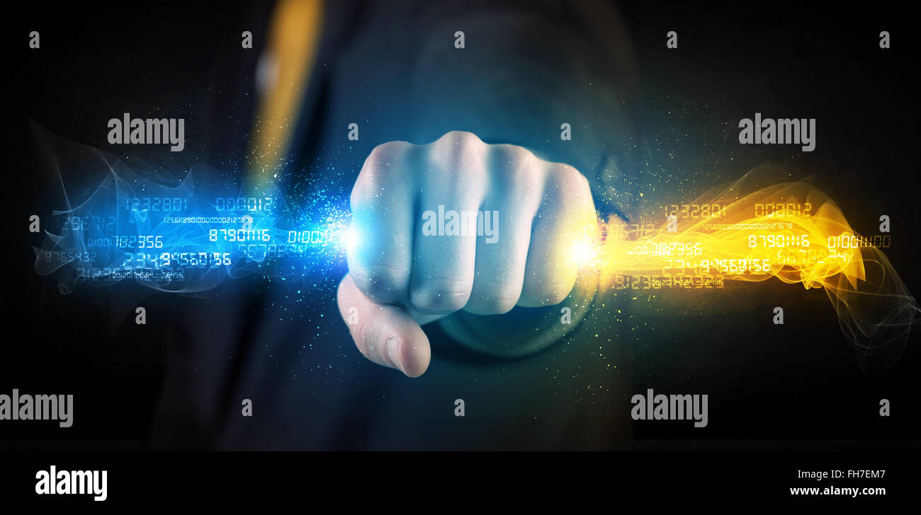 Man holding colorful glowing data in his hands Stock Photo - Alamy