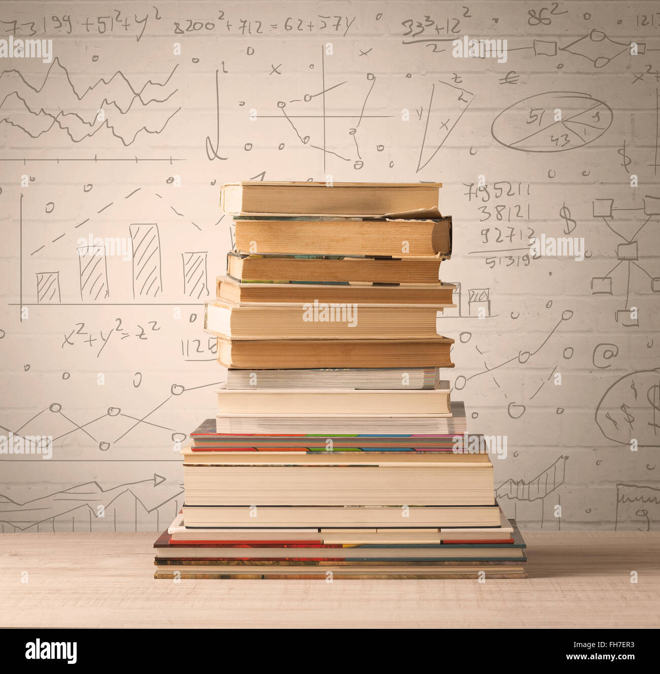 A pile of books with math formulas written in doodle style Stock Photo ...