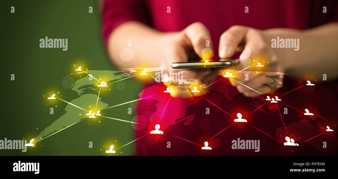 Smart woman holding telephone with social media network connection ...