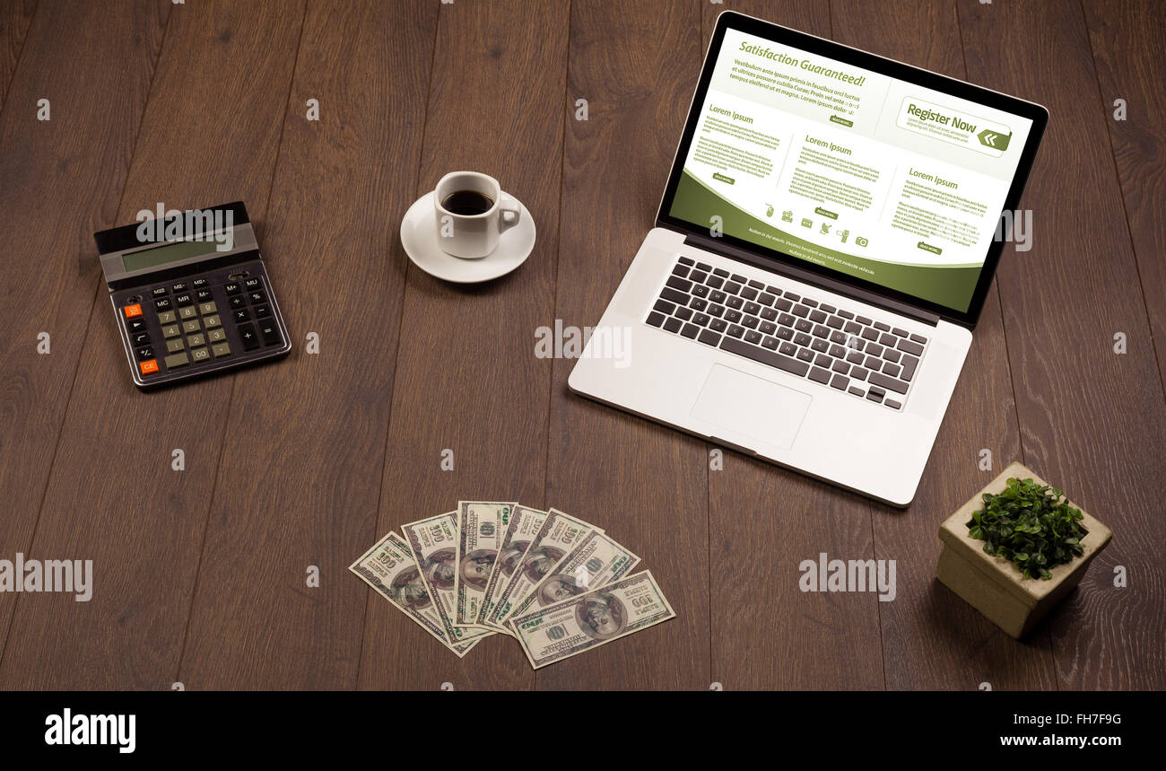 Business table with notebook computer and office accessories Stock ...