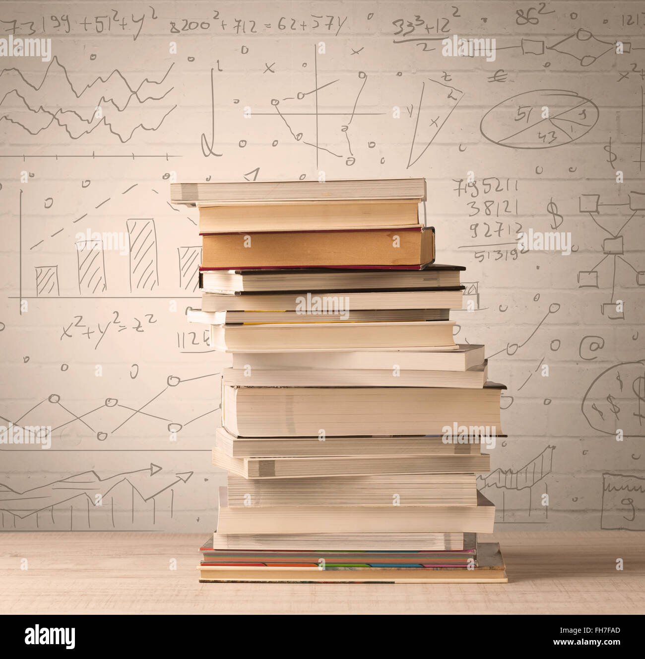 A pile of books with math formulas written in doodle style Stock Photo ...