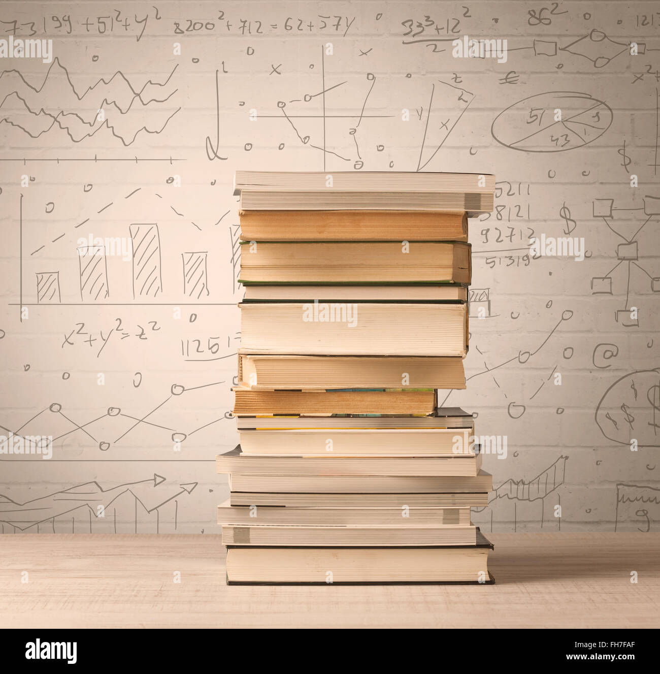 A pile of books with math formulas written in doodle style Stock Photo ...