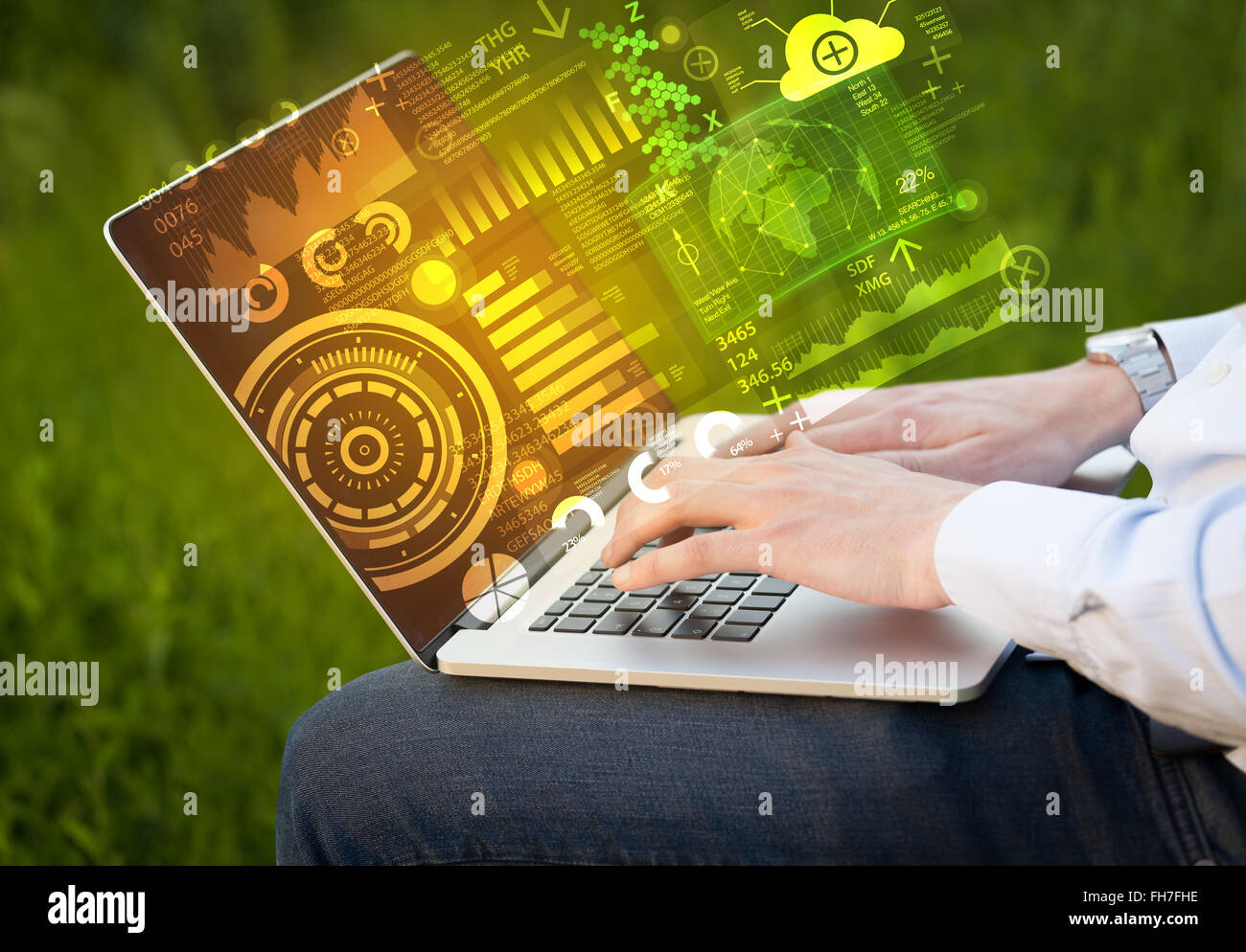 Modern notebook computer with future technology symbols Stock Photo - Alamy