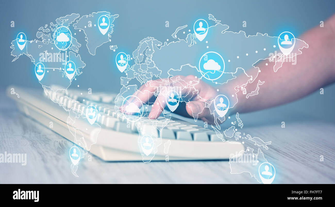 Keyboard with high tech user map icons Stock Photo - Alamy