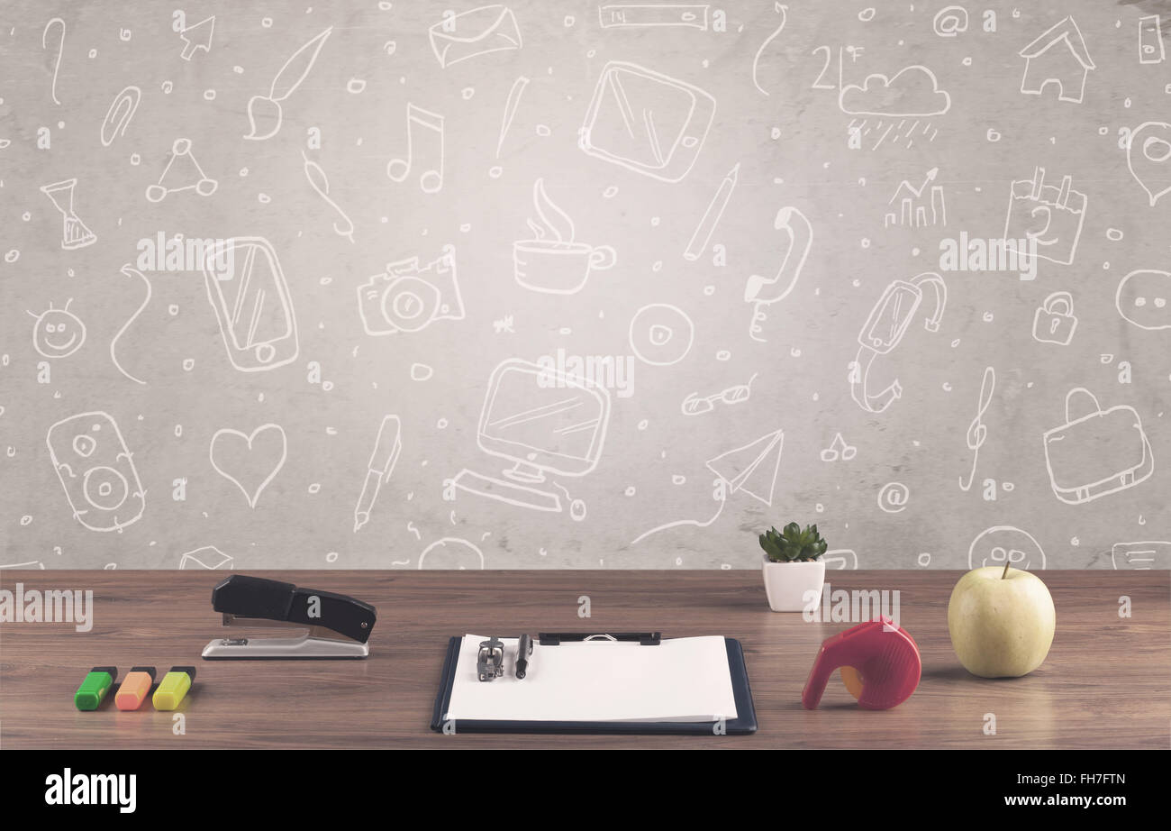 Design office desk with drawings background Stock Photo - Alamy
