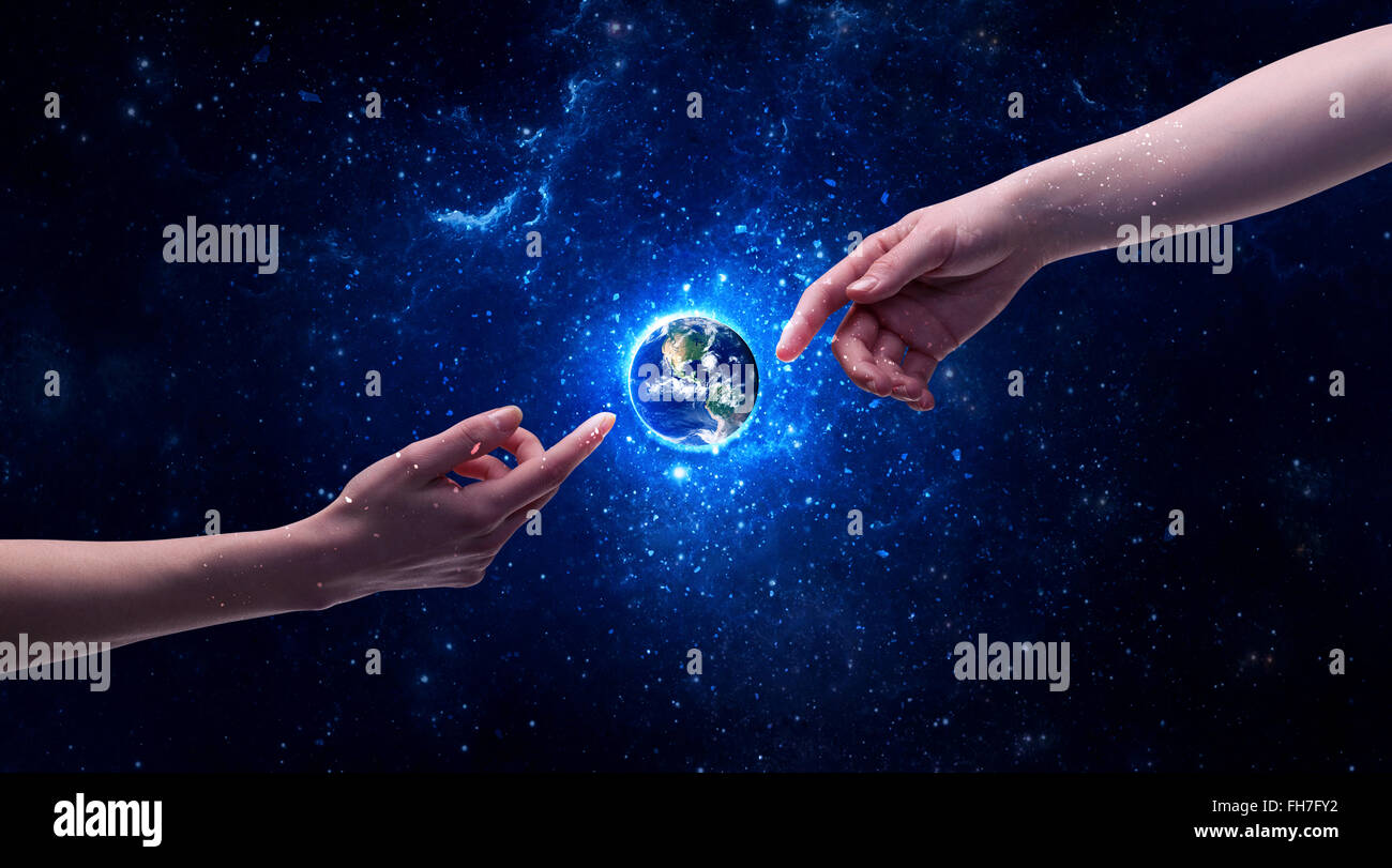 Hands in space touching planet earth Stock Photo - Alamy
