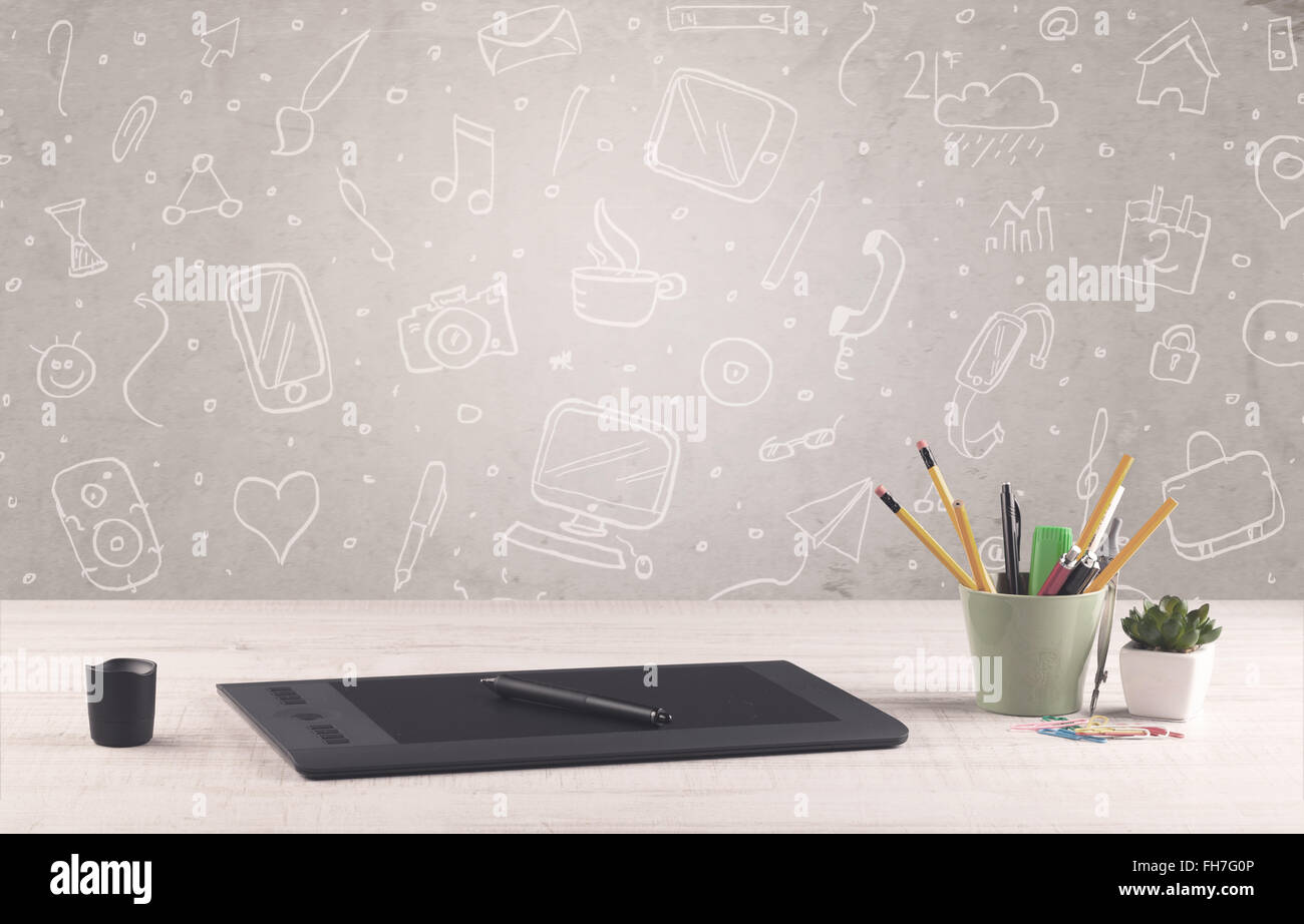 Design office desk with drawings background Stock Photo - Alamy