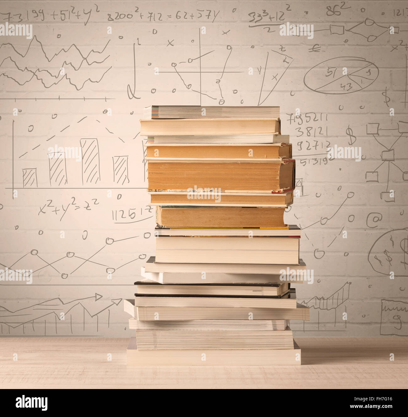 A pile of books with math formulas written in doodle style Stock Photo ...