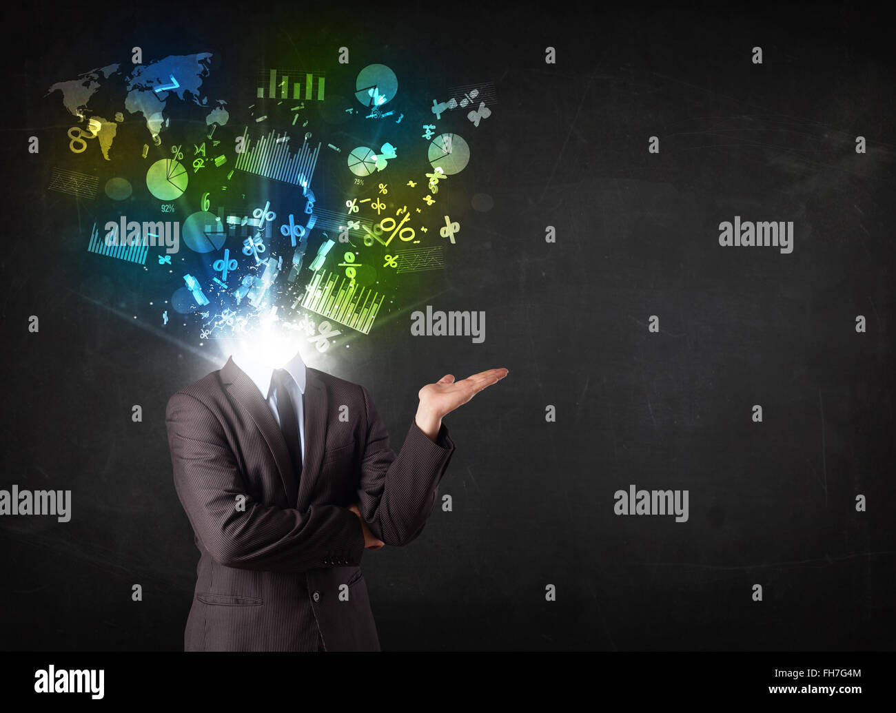 Business man in suit with graph and charts exploding from his body ...