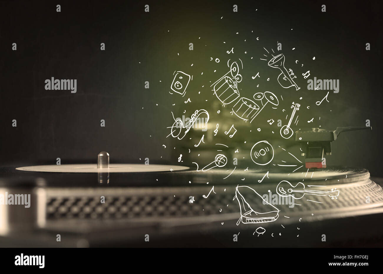 Turntable playing classical music with icon drawn instruments Stock ...