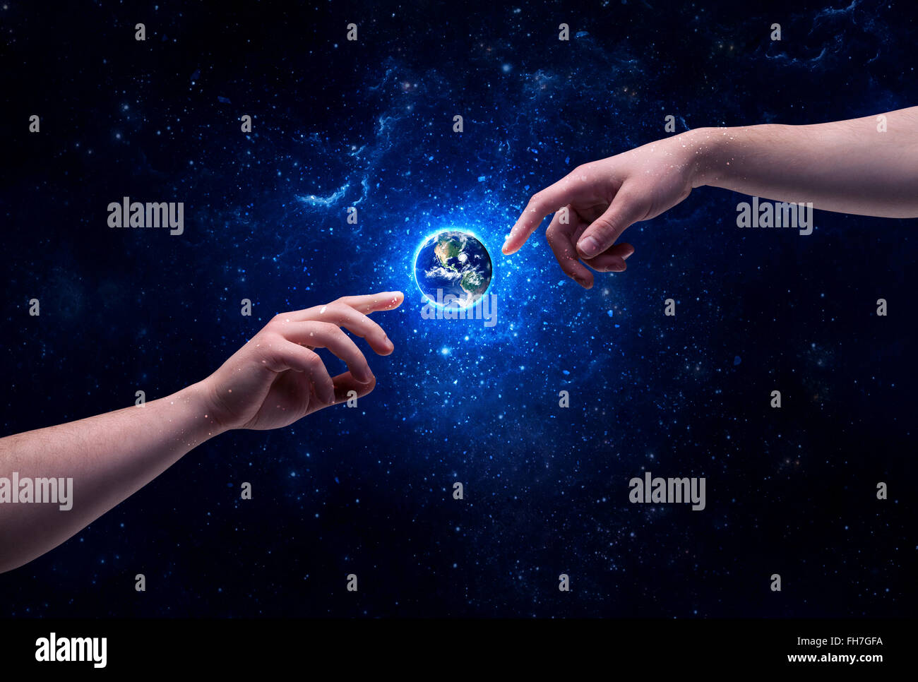 Hands in space touching planet earth Stock Photo - Alamy