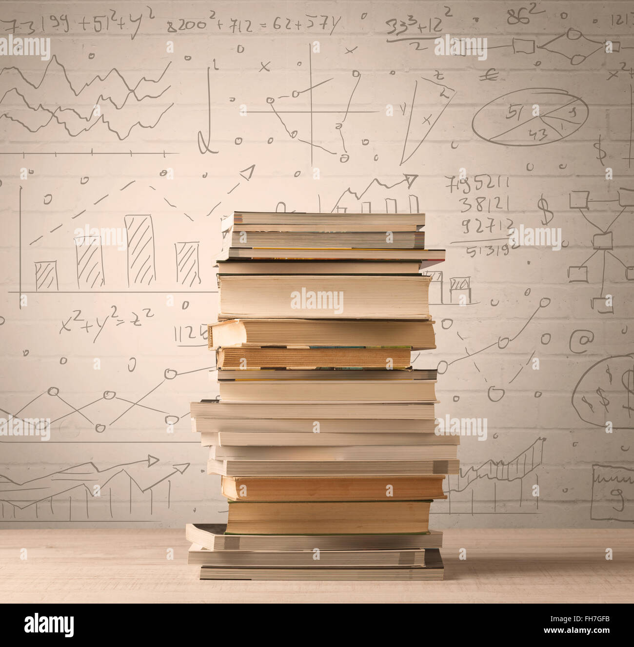 A pile of books with math formulas written in doodle style Stock Photo ...