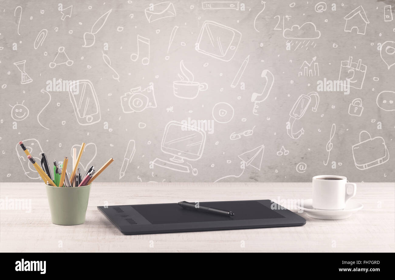 Design office desk with drawings background Stock Photo - Alamy
