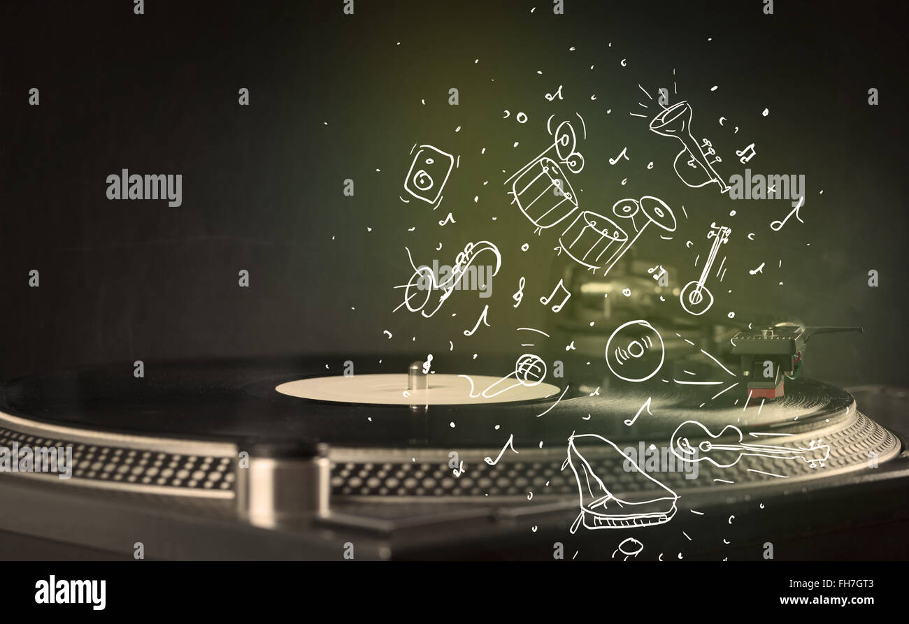 Turntable playing classical music with icon drawn instruments Stock ...