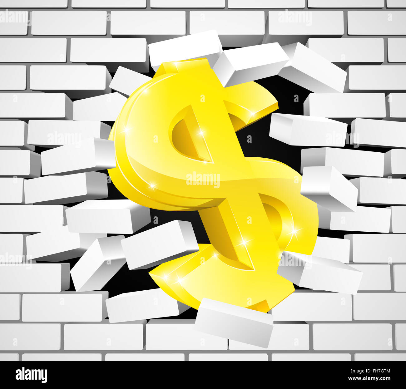 A gold dollar sign bursting through a white brick wall Stock Photo - Alamy