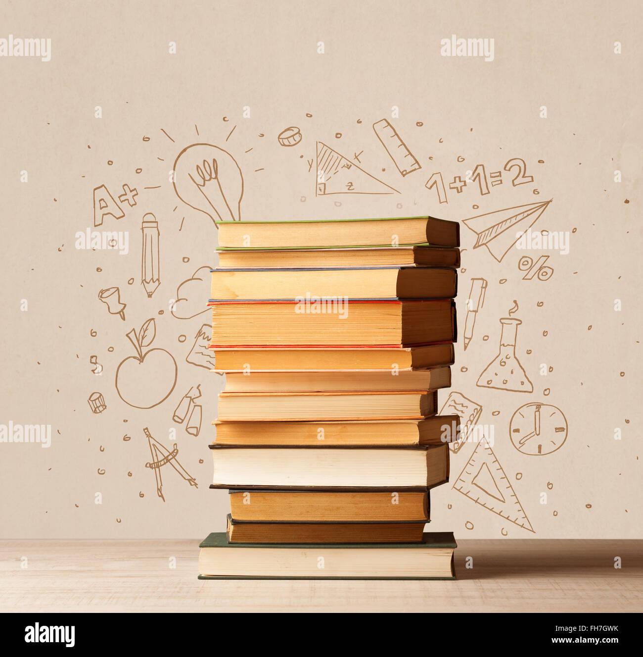 A pile of books on table with school hand drawn doodle sketches Stock ...