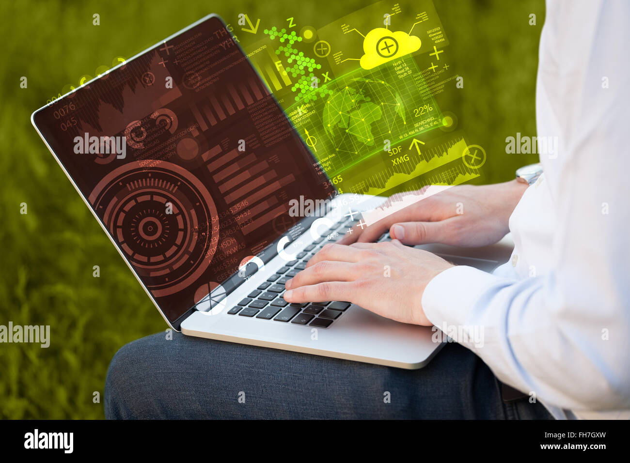Modern notebook computer with future technology symbols Stock Photo - Alamy