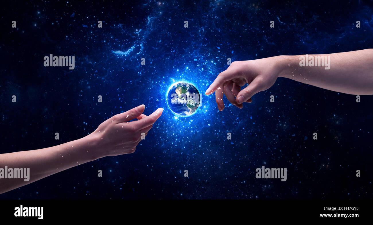 Hands in space touching planet earth Stock Photo - Alamy