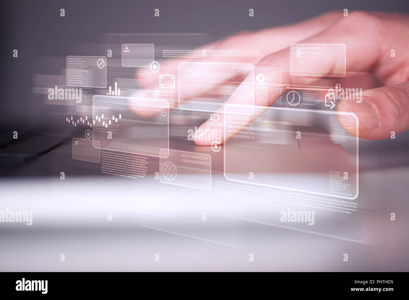 Hand touching keyboard with high tech buttons Stock Photo - Alamy